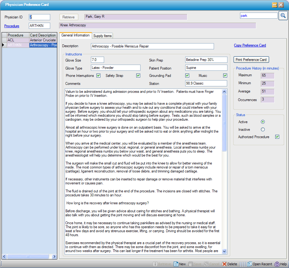 Physician Preference Card