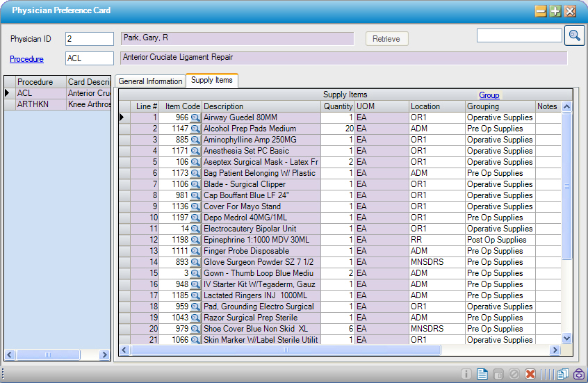 Physician Preference Card